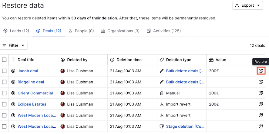 How can I restore data? - Knowledge Base | Pipedrive